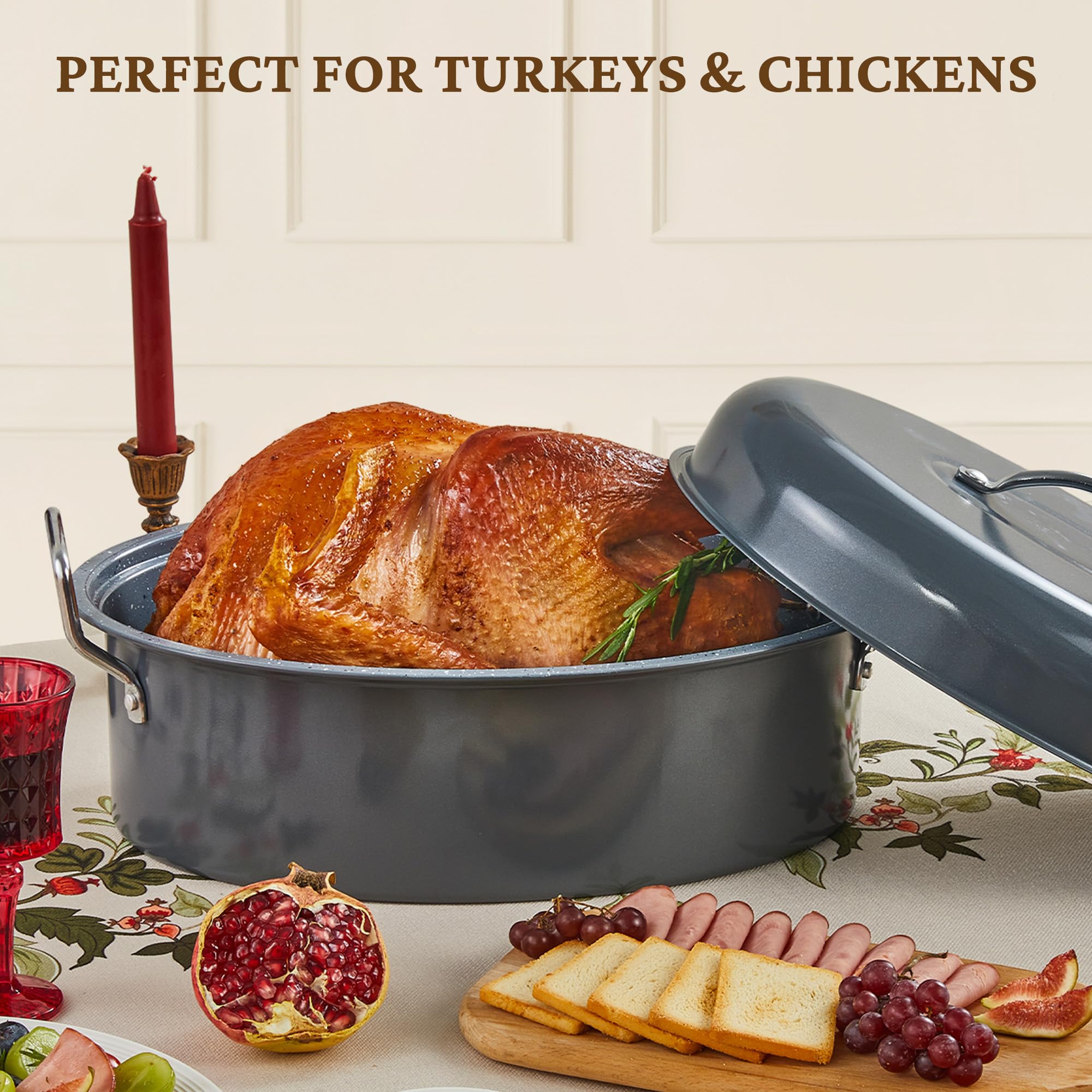 HONGBAKE 18 Inch Turkey Roasting Pan with Rack and Lid, Extra Large Re ...